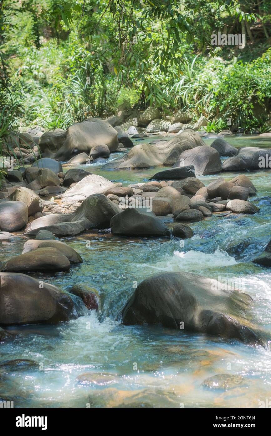 clean water flowing in a stream through large rocks and stones ...