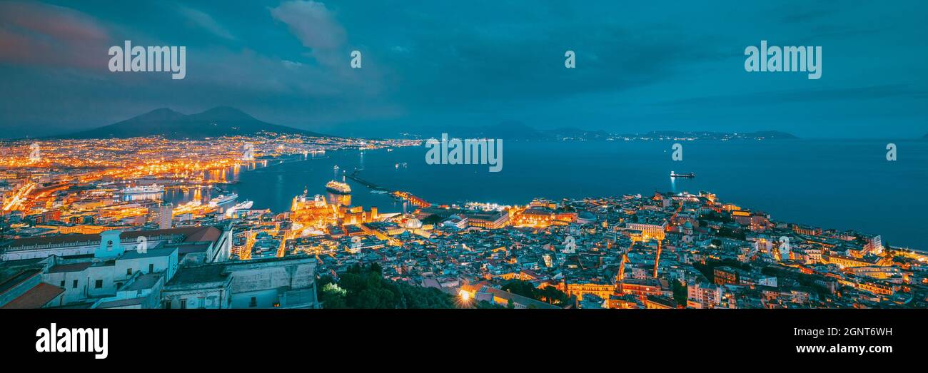 Naples, Italy. Skyline Cityscape In Evening Lighting. Tyrrhenian Sea ...