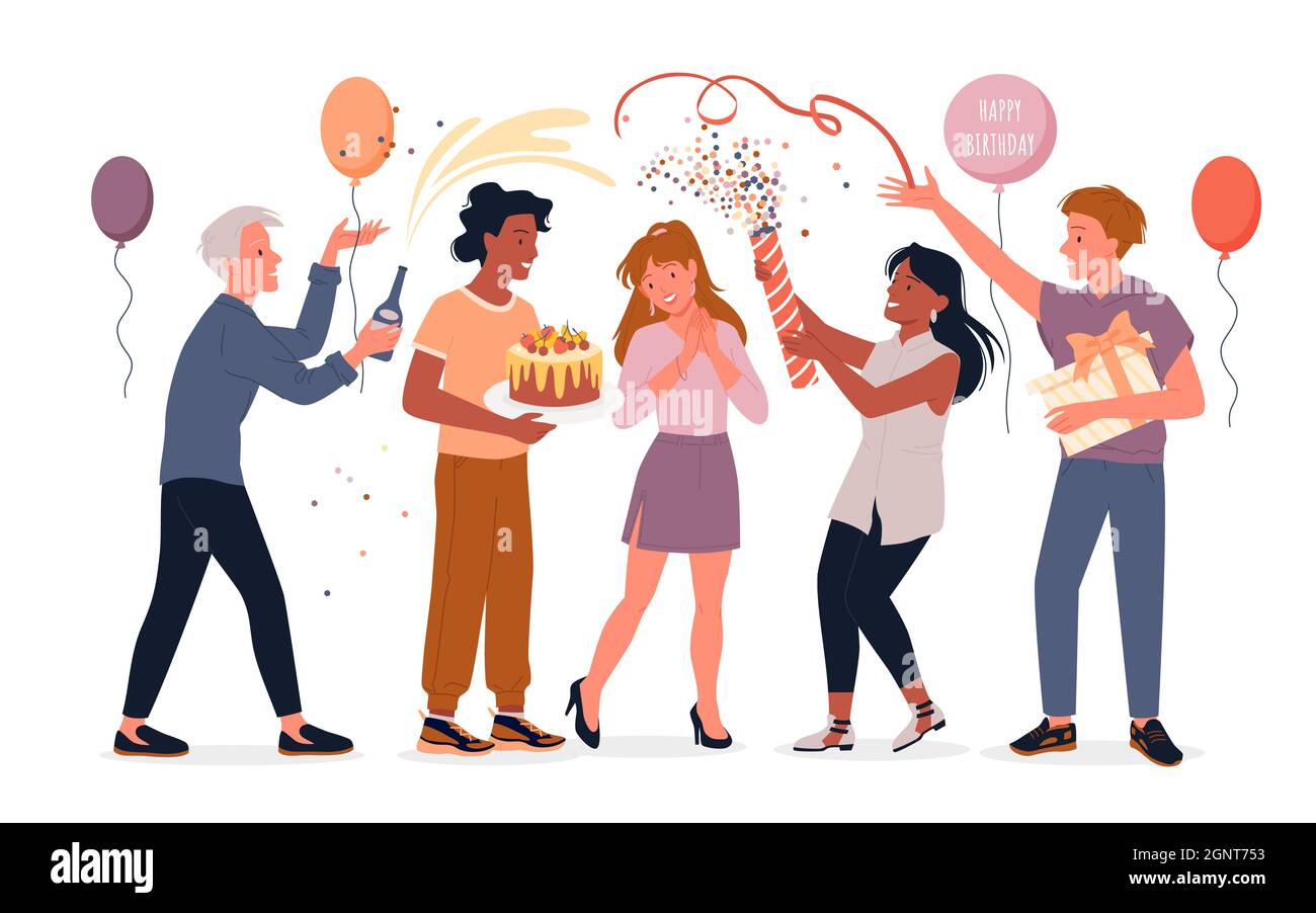 Cartoon fun party celebration with group of man woman friend characters ...
