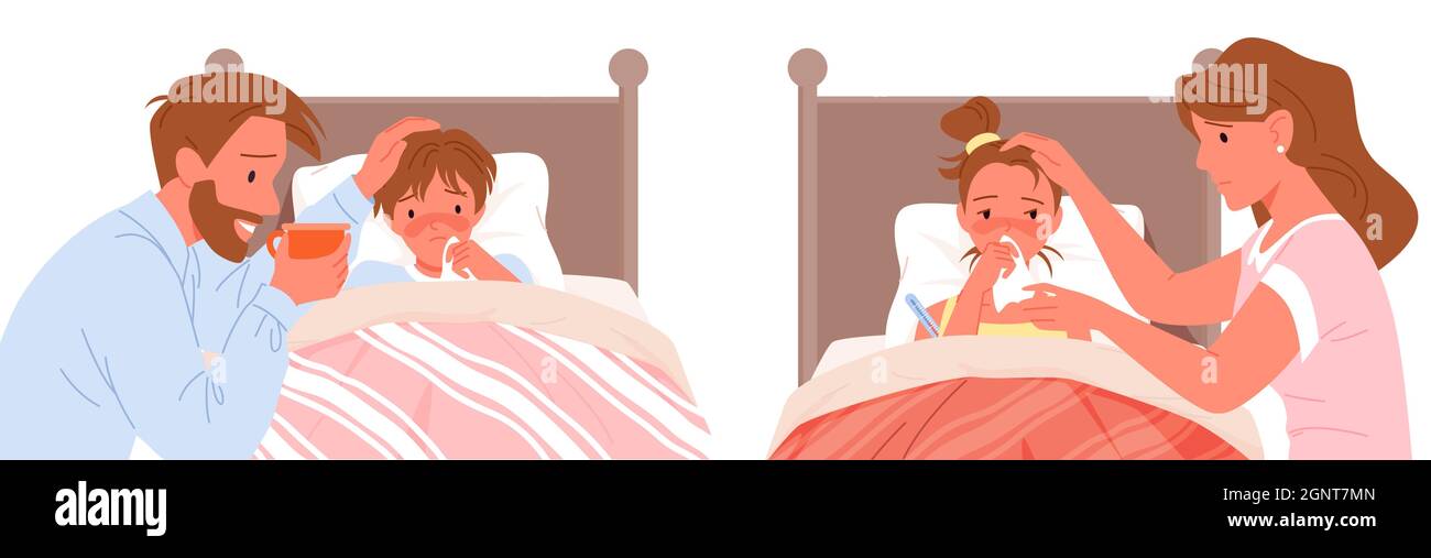 Sick child lying in bed at home bedroom, childhood disease illness set ...