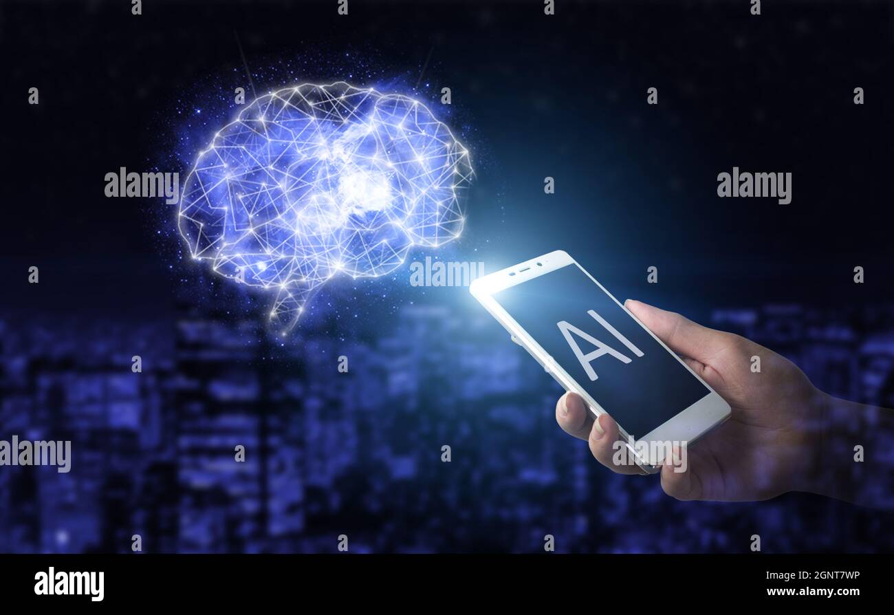 Artificial intelligence AI . Hand hold white smartphone with digital ...