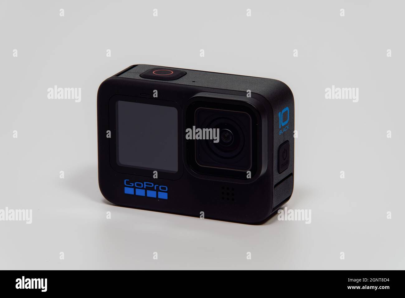 GoPro Hero 10 black top view.Action camera with blue logo against white ...