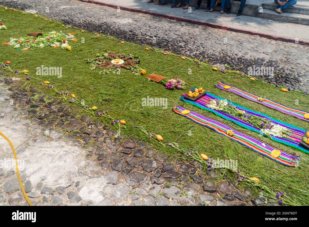 Detail of decorative Easter carpet in Antigua Guatemala town, Guatemala ...