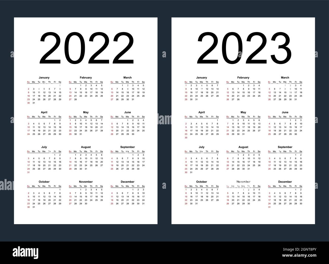 Simple editable vector calendars for year 2022, 2023. Week starts from ...