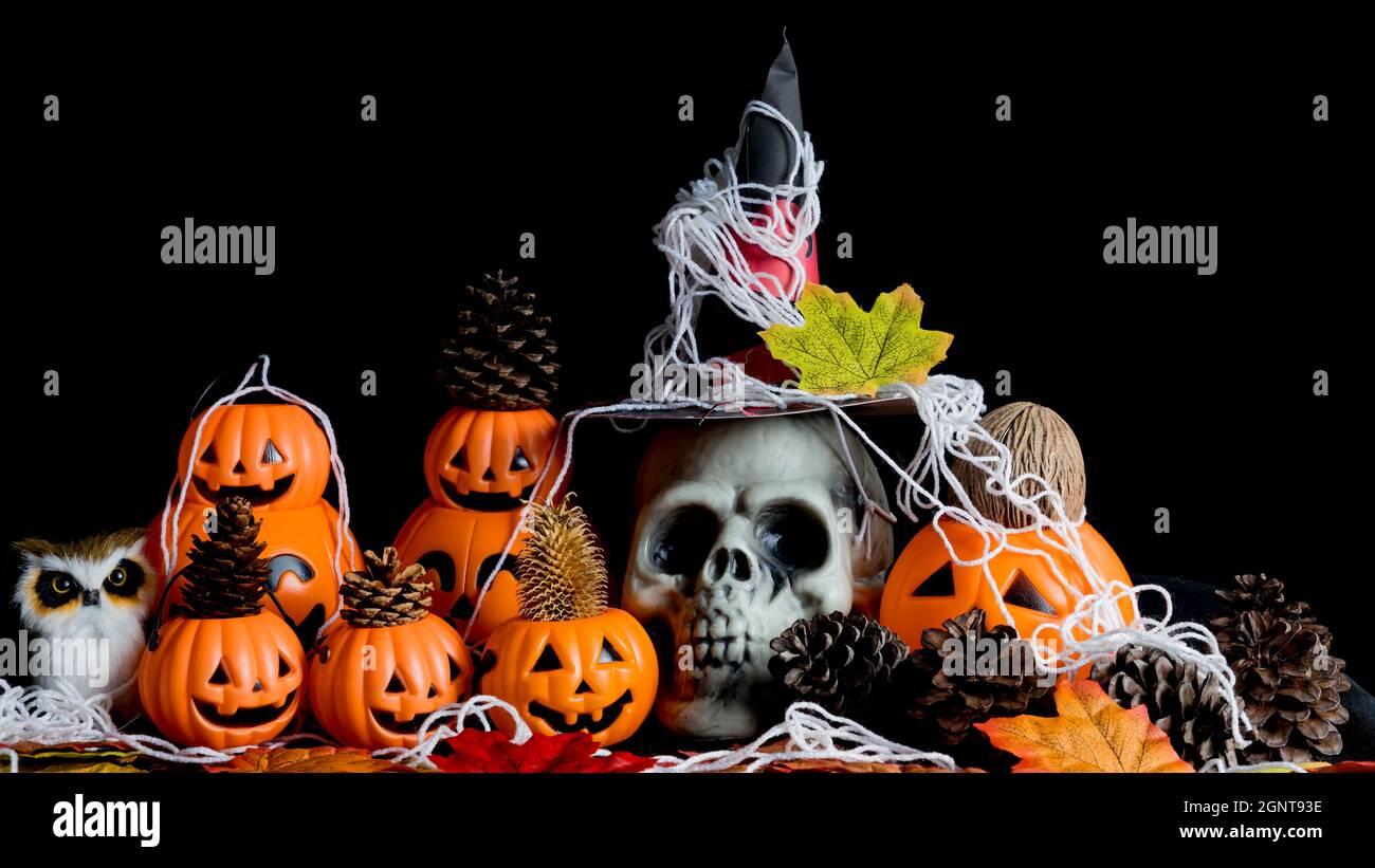 Halloween human skull, Halloween Pumpkins on an old wooden table in ...