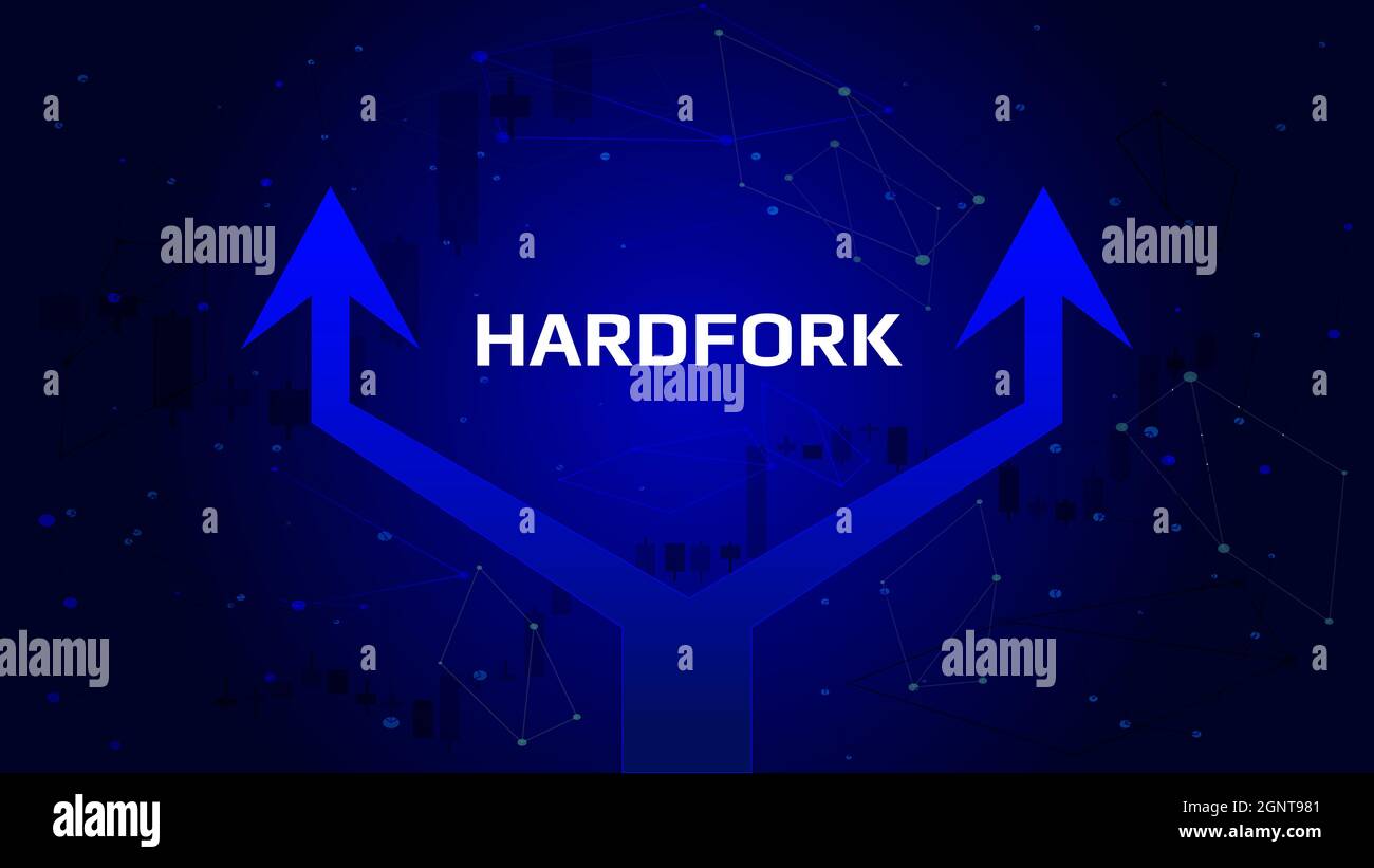 Cryptocurrency hardfork concept with double arrow on dark blue ...