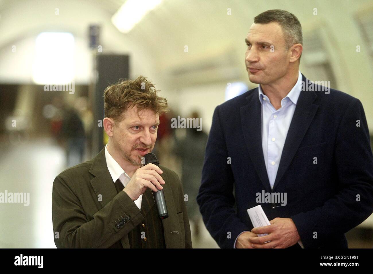 KYIV, UKRAINE - SEPTEMBER 27, 2021 - Writer Jonathan Littell and Kyiv city head Vitali Klitschko ...