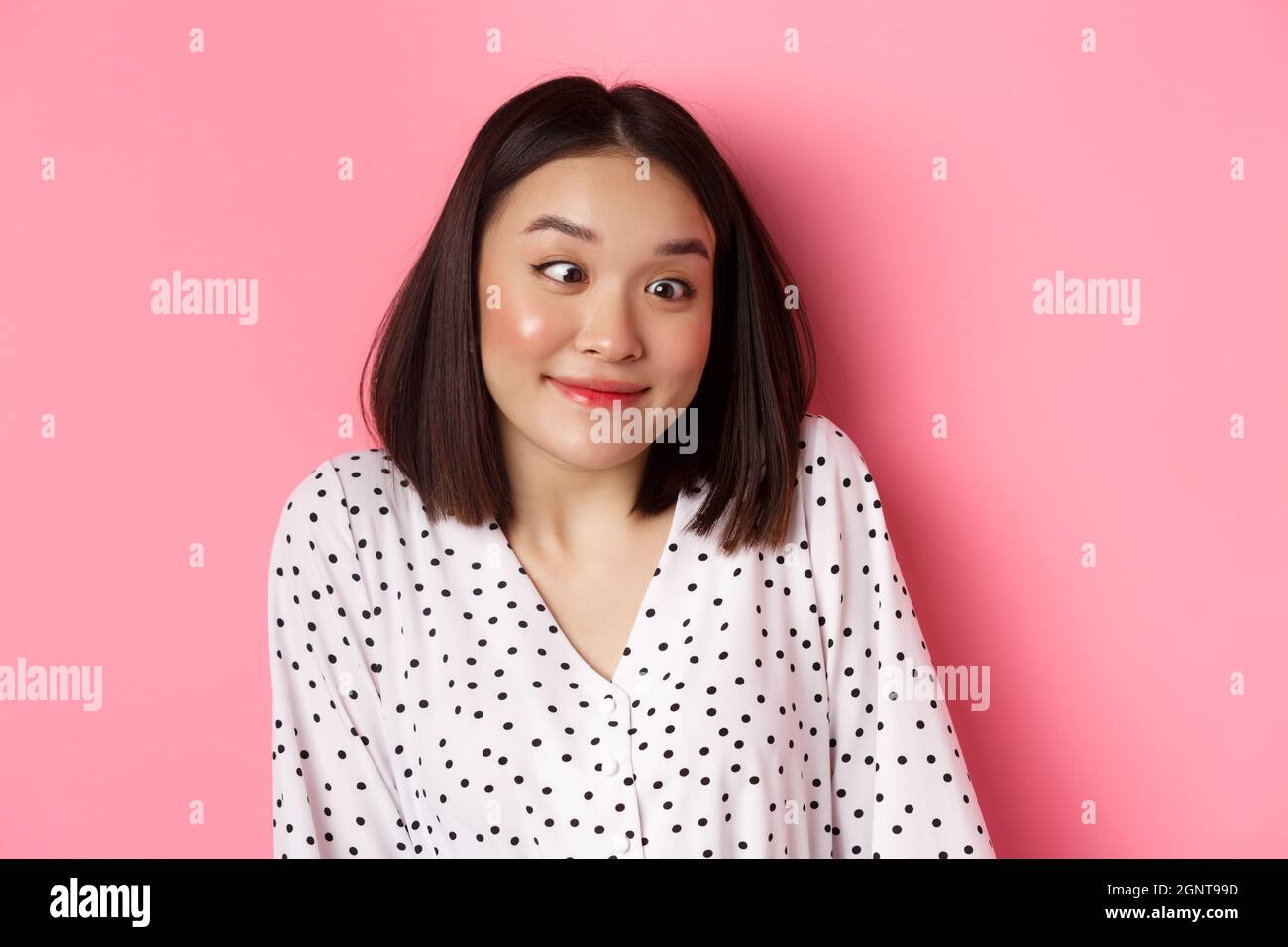 Beauty and lifestyle concept. Close-up of funny and cute asian woman ...