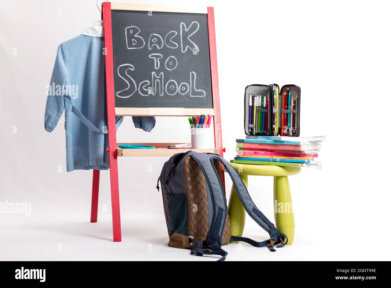 Back to school background - chalkboard, backpack and school items ...