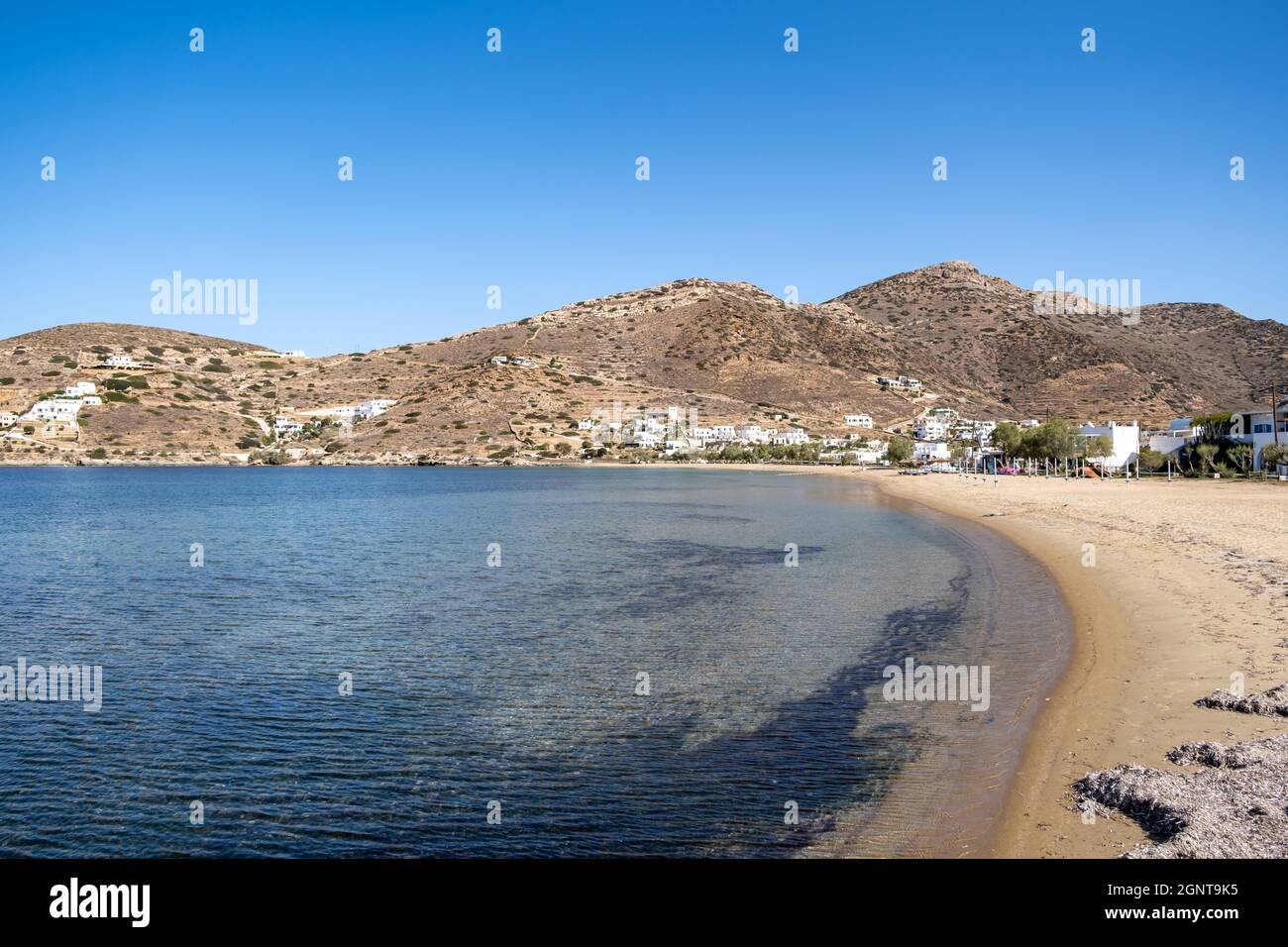 Gialos empty sandy beach Yialos or the Port Ios, Nios island Cyclades ...