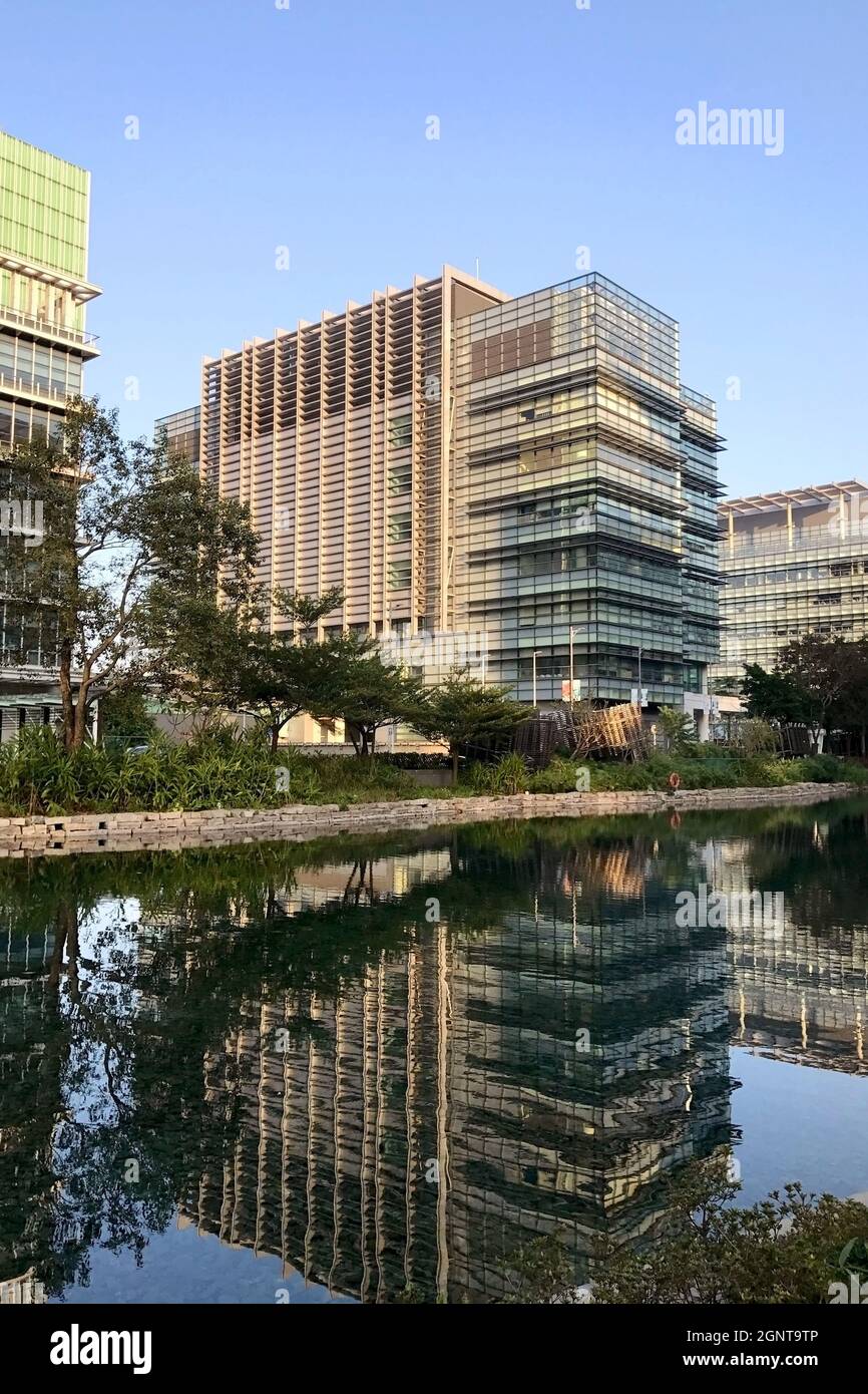Vertical shot of a modern commercial office building, trees and a river ...