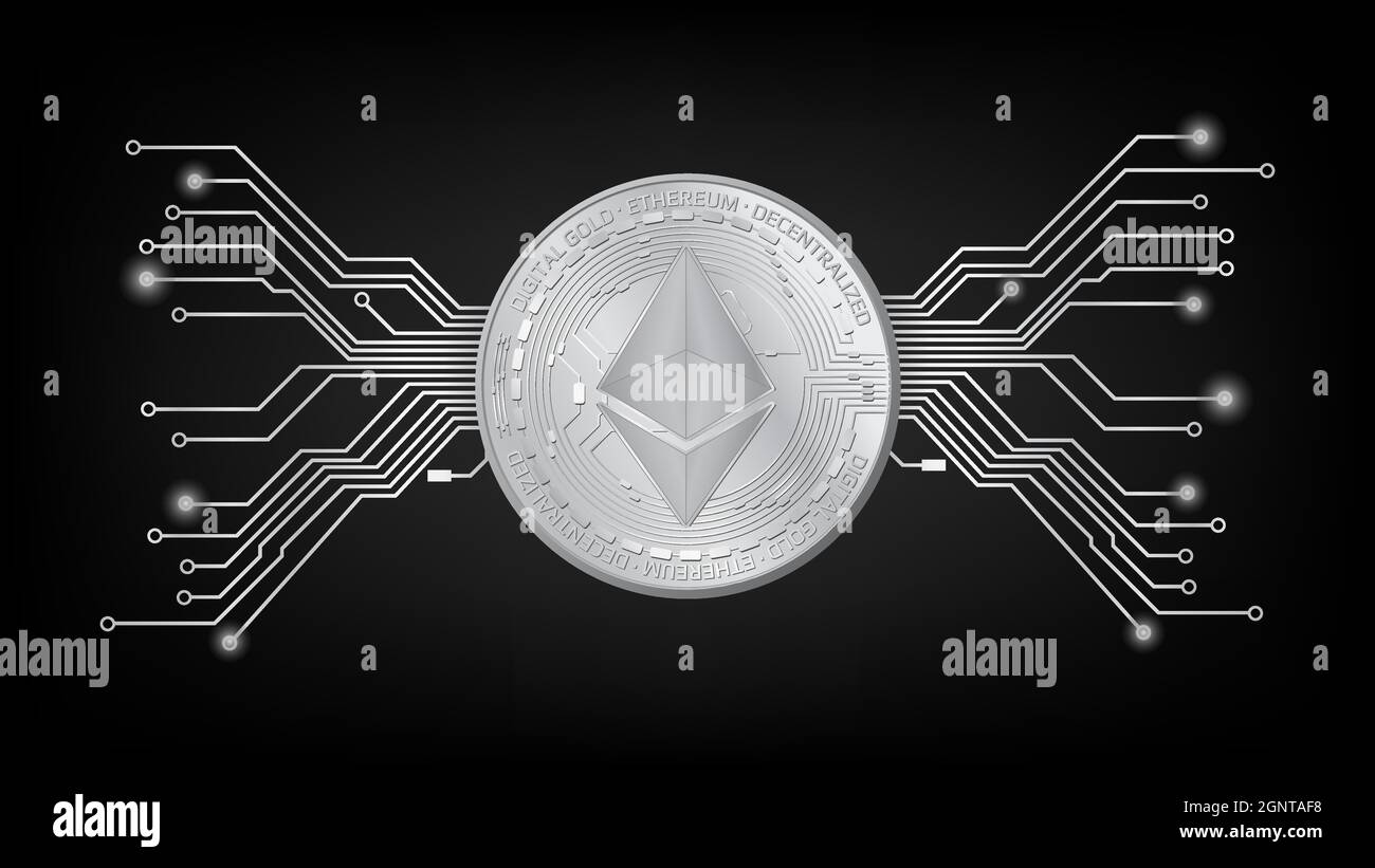 Detailed gold coin Ethereum ETH token with pcb tracks in black and ...