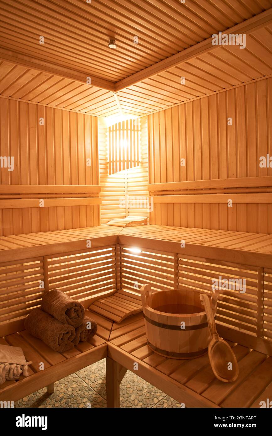 Wooden Sauna, wet area, steam, recreation zone Stock Photo - Alamy