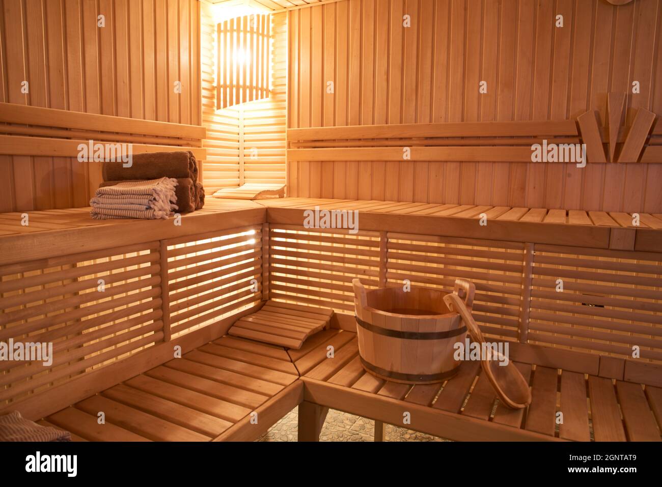 Wooden Sauna, wet area, steam, recreation zone Stock Photo - Alamy