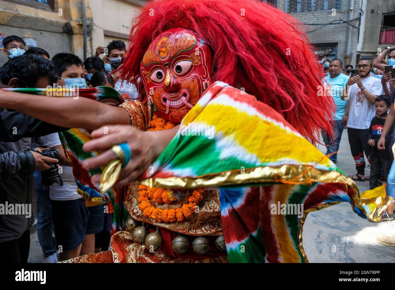 Kathmandu, Nepal - September 2021: The Majipa Lakhey, translated to Manjusri city demon, begins ...