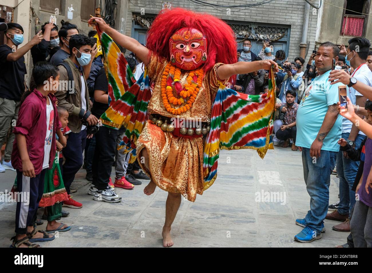 Kathmandu, Nepal - September 2021: The Majipa Lakhey, translated to Manjusri city demon, begins ...