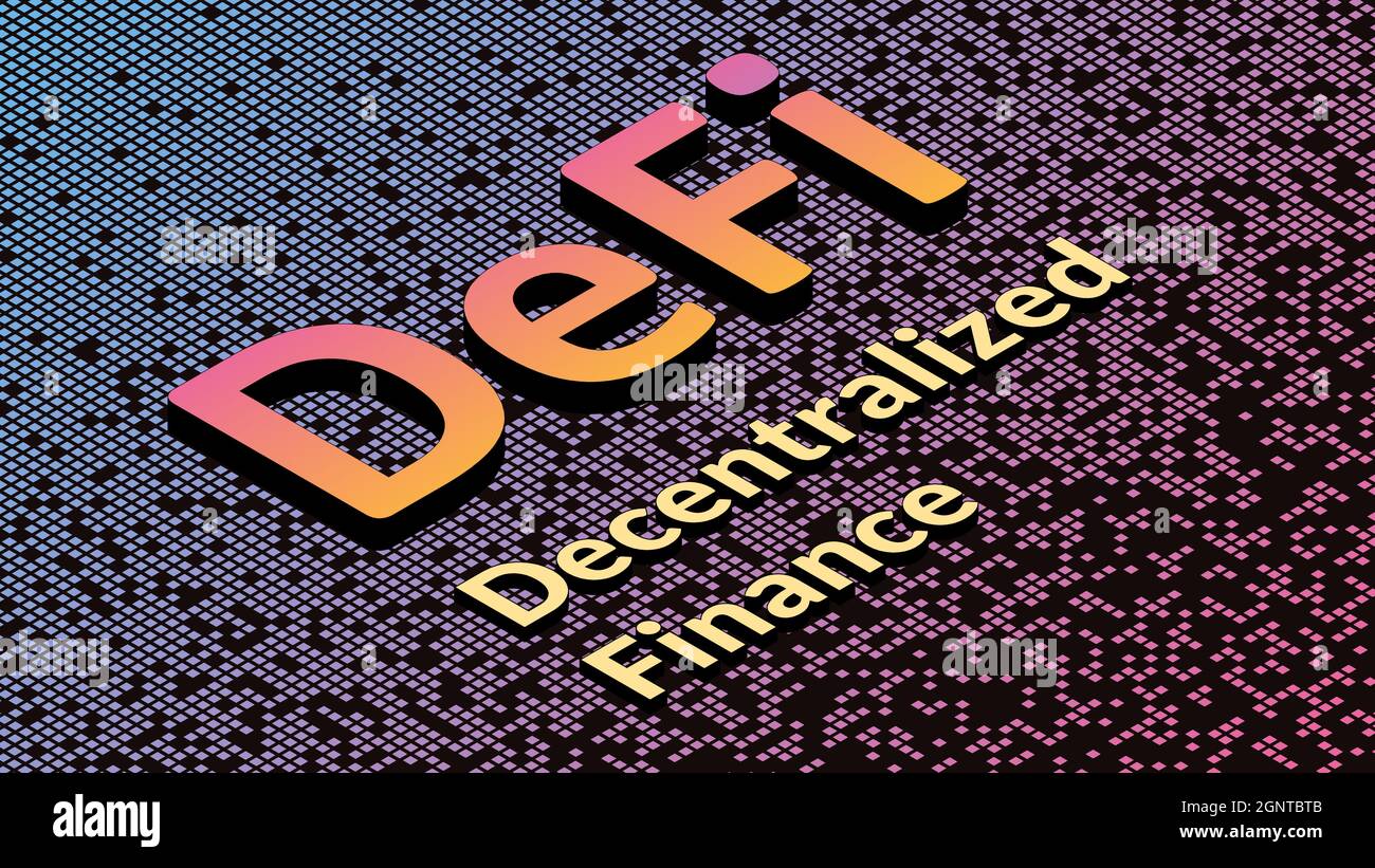 Defi - decentralized finance, isometric text on fragmented matrix ...