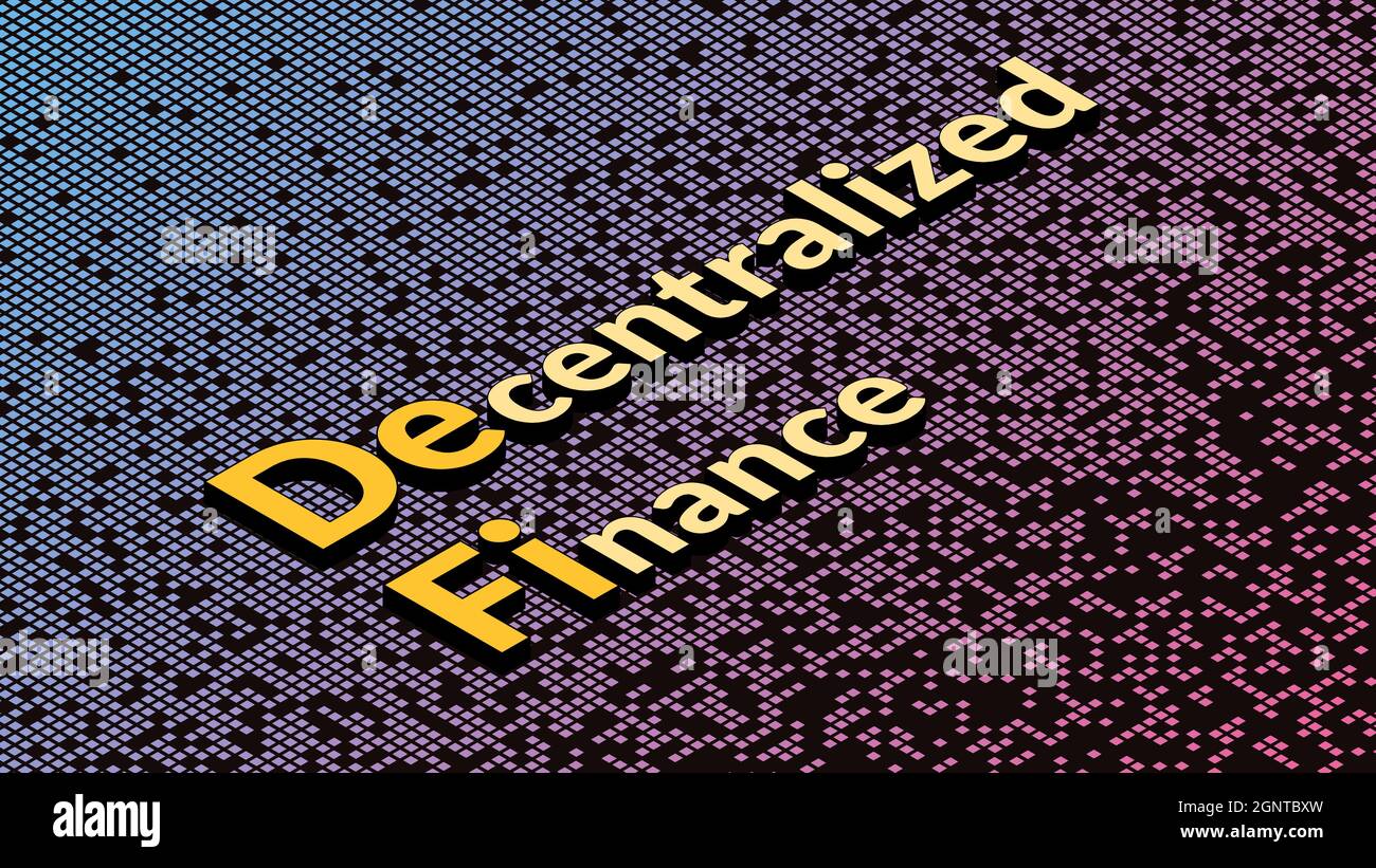 Defi - decentralized finance, isometric text on fragmented matrix ...