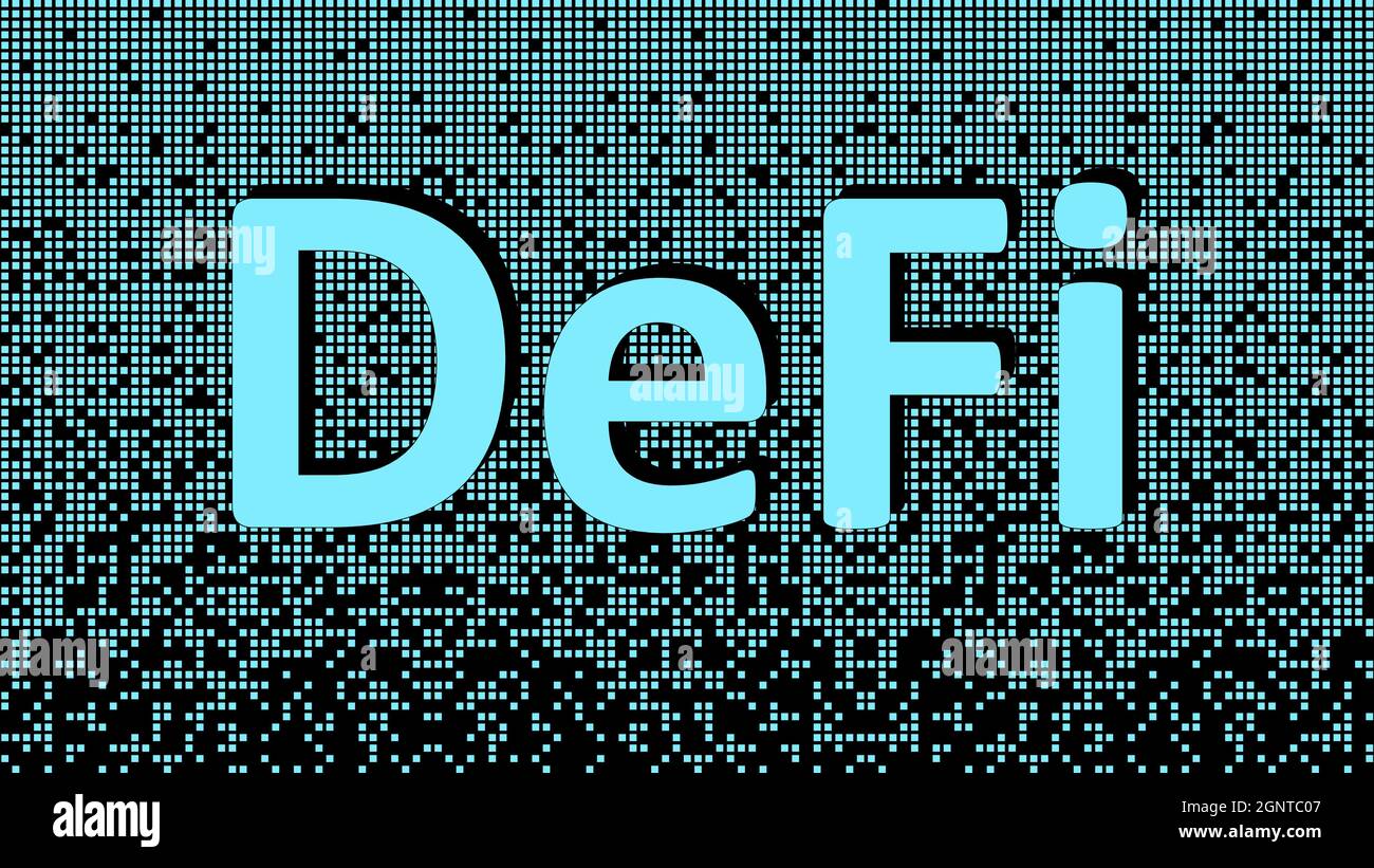 Defi - decentralized finance, blue text on fragmented matrix background ...