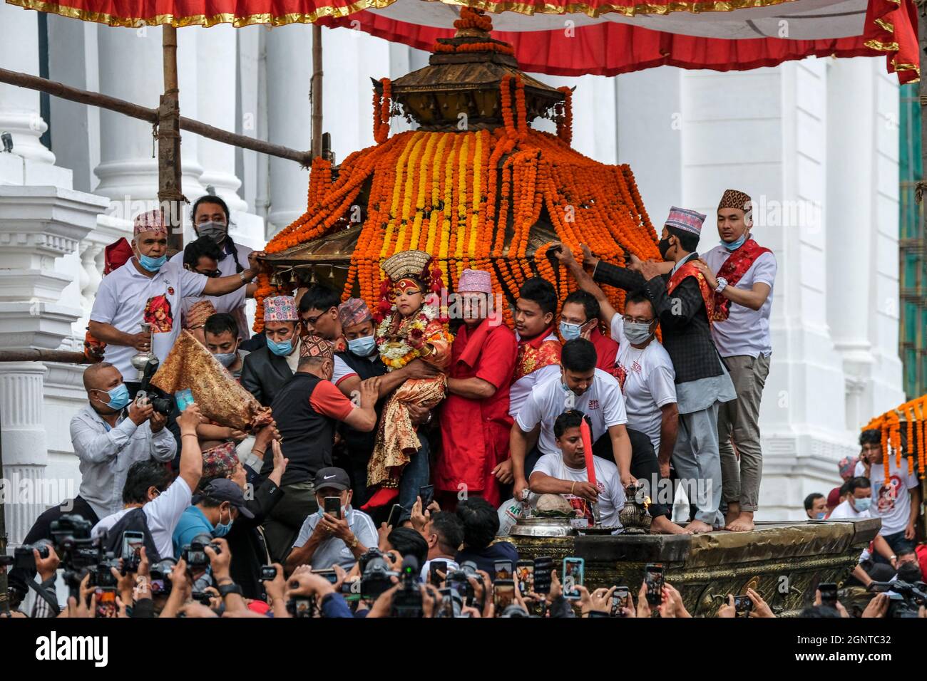 Kathmandu, Nepal - September 2021: The living goddess Kumari looking ...