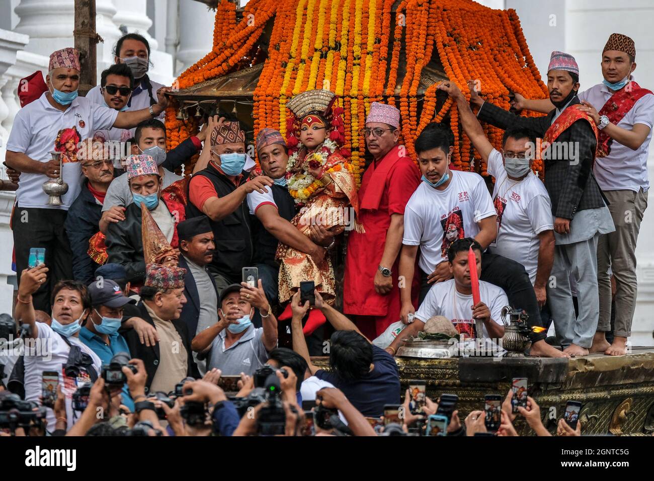 Kathmandu, Nepal - September 2021: The living goddess Kumari looking ...