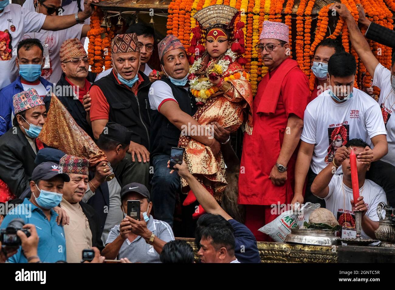 Kathmandu, Nepal - September 2021: The living goddess Kumari looking ...