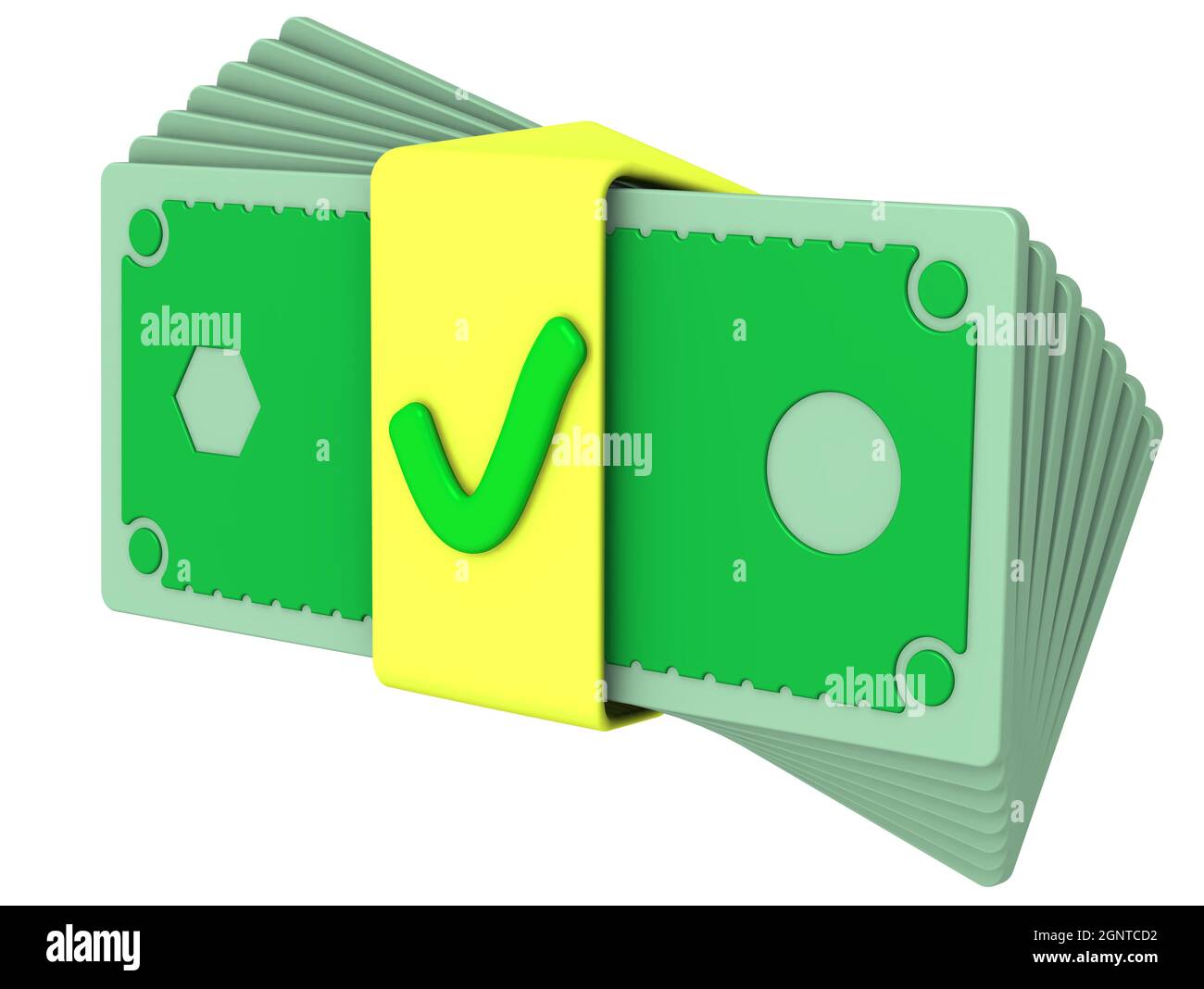 A stack of bills tied with a yellow ribbon with green check mark ...