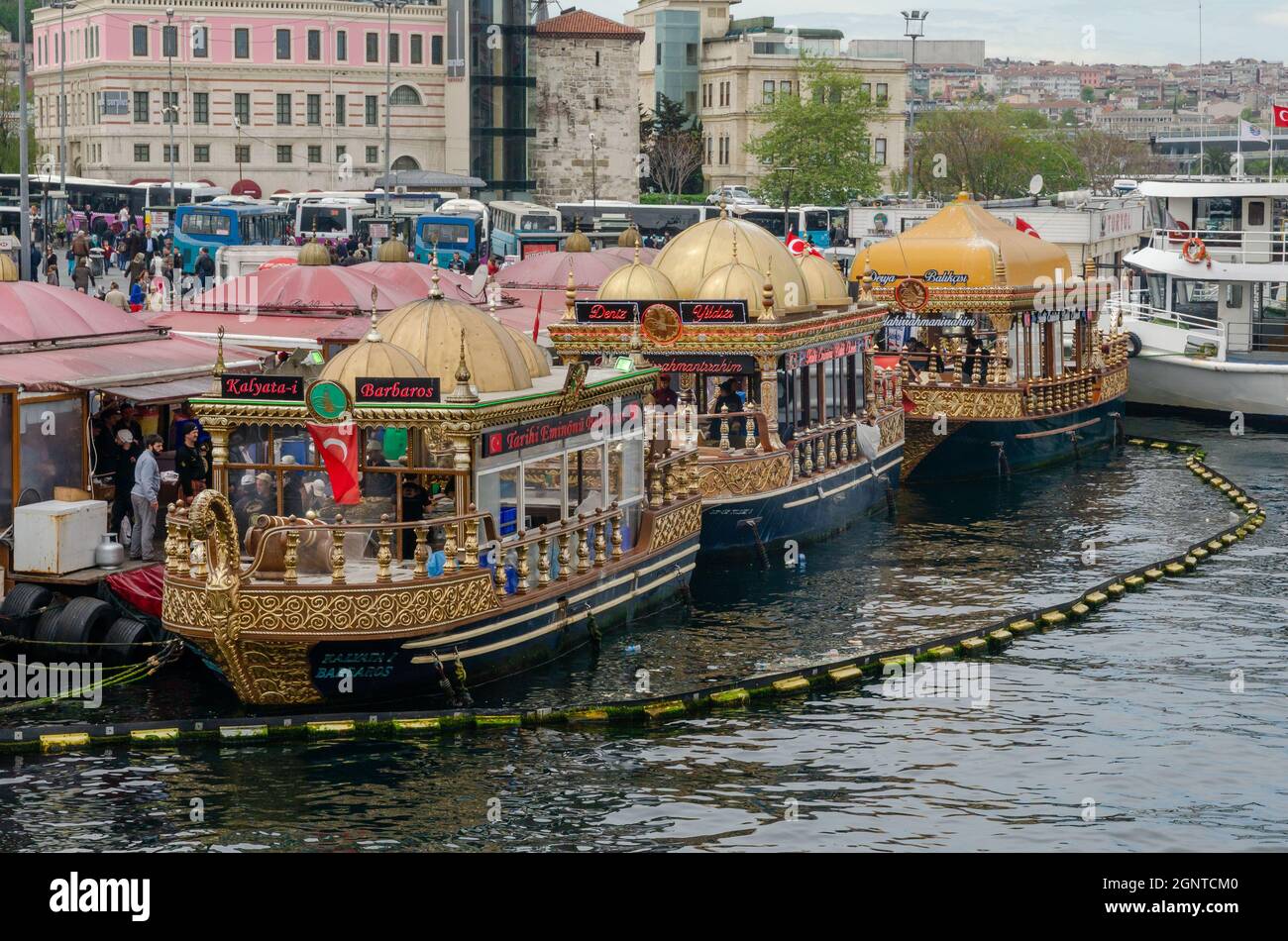 Fish and chips, seafood takeaway street food. Floating restaurant boats ...