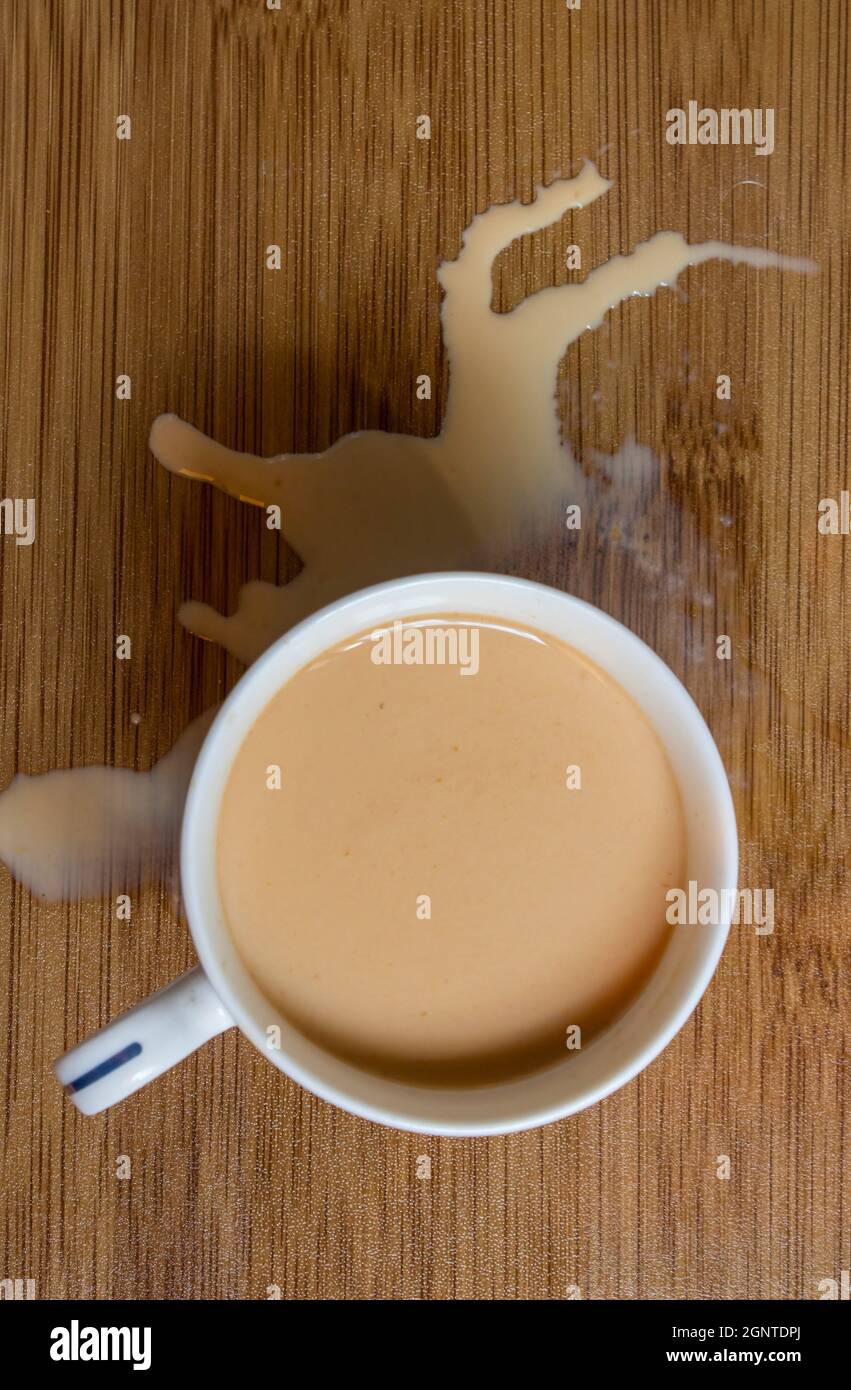 milk tea in white cup with brown wood background having a splashed or ...