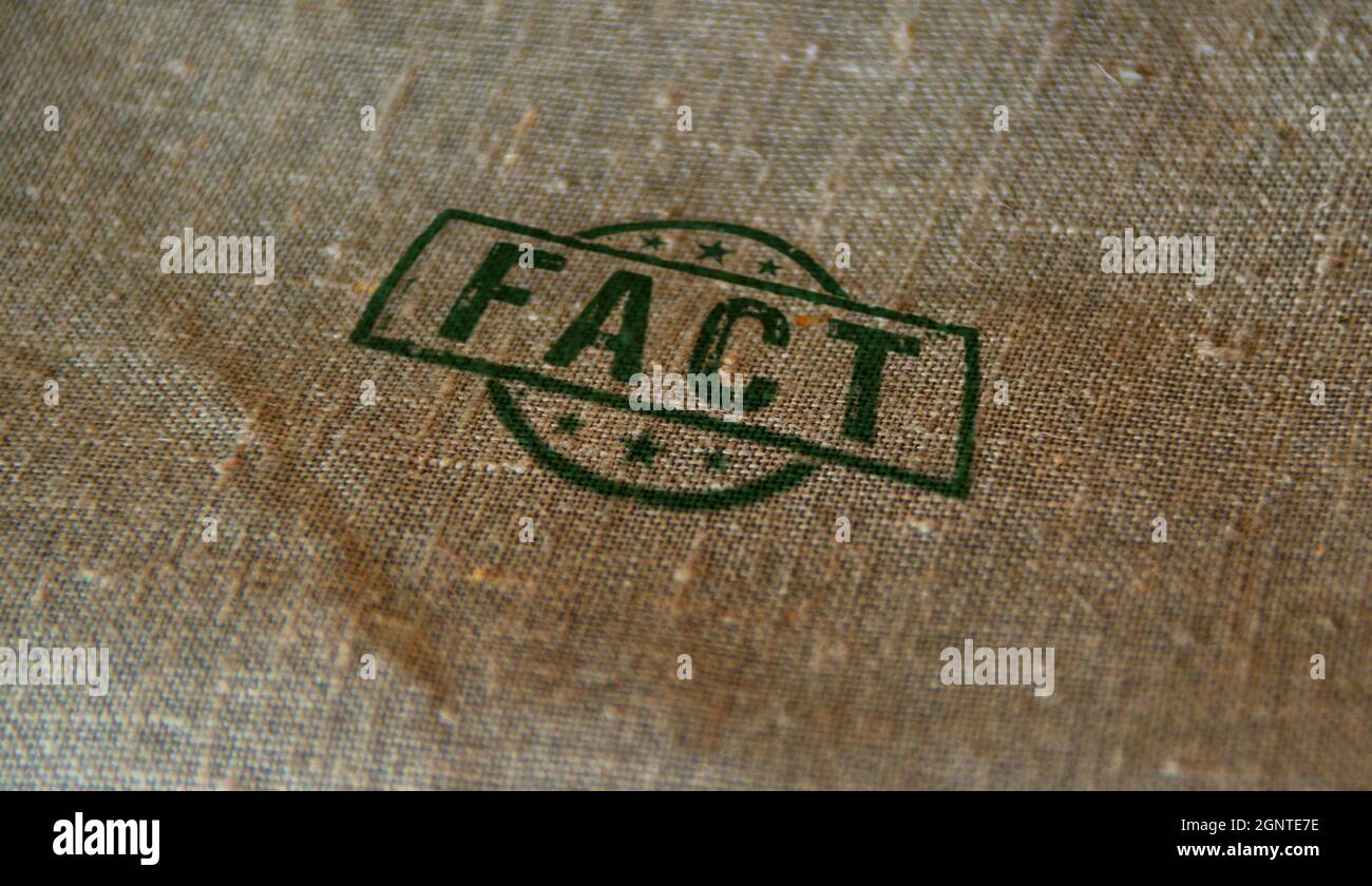 Fact stamp printed on linen sack. News, truth and real information ...