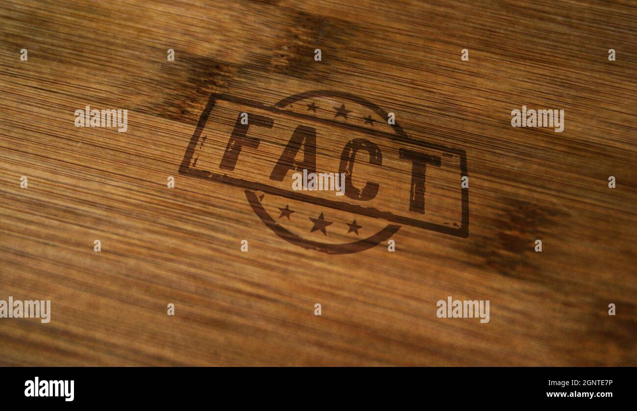Fact stamp printed on wooden box. News, truth and real information ...