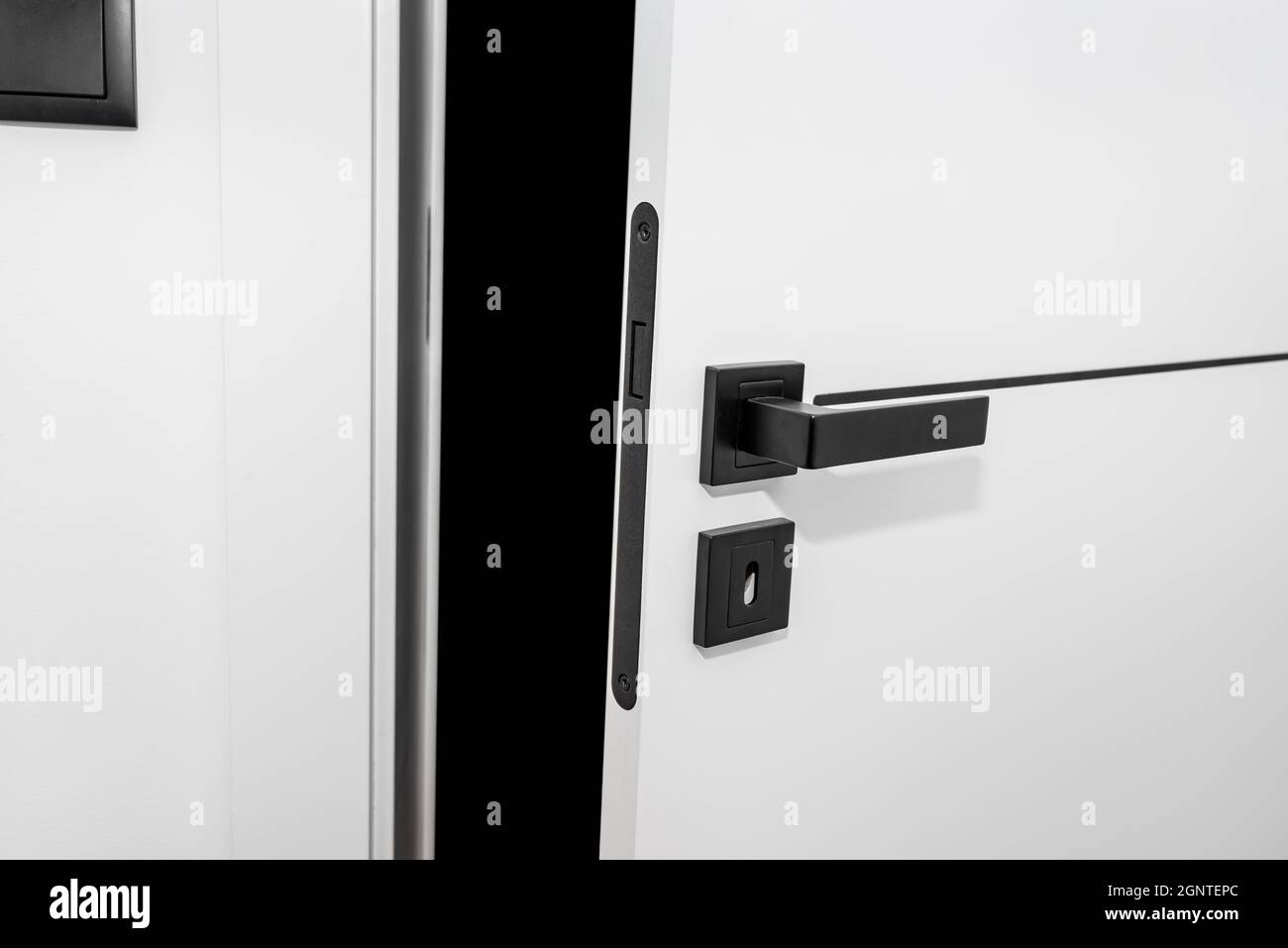 Modern white door with matte black handle and magnetic locks, lock with ...