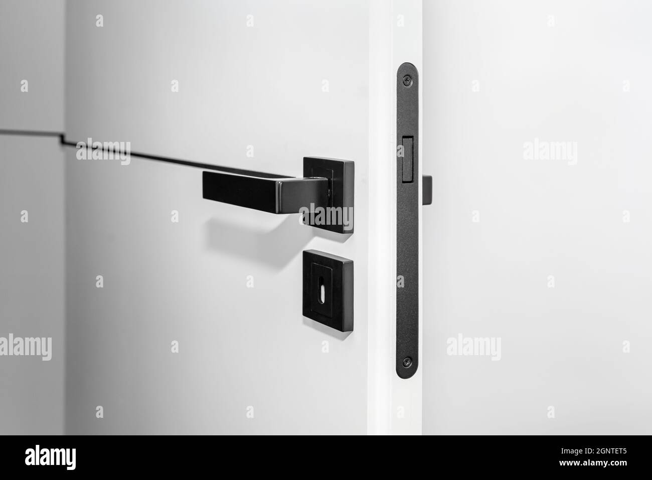 Modern white door with matte black handle and magnetic locks, lock with ...