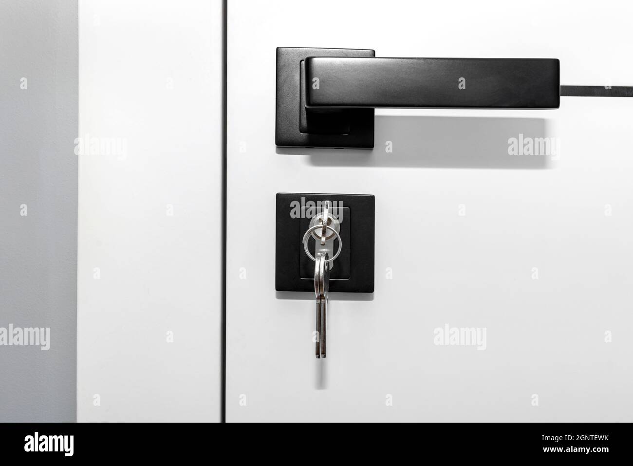 Modern white door with matte black handle and magnetic locks, lock with ...
