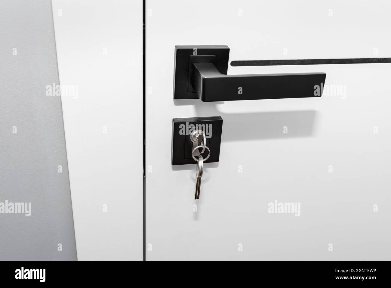 Modern white door with matte black handle and magnetic locks, lock with ...