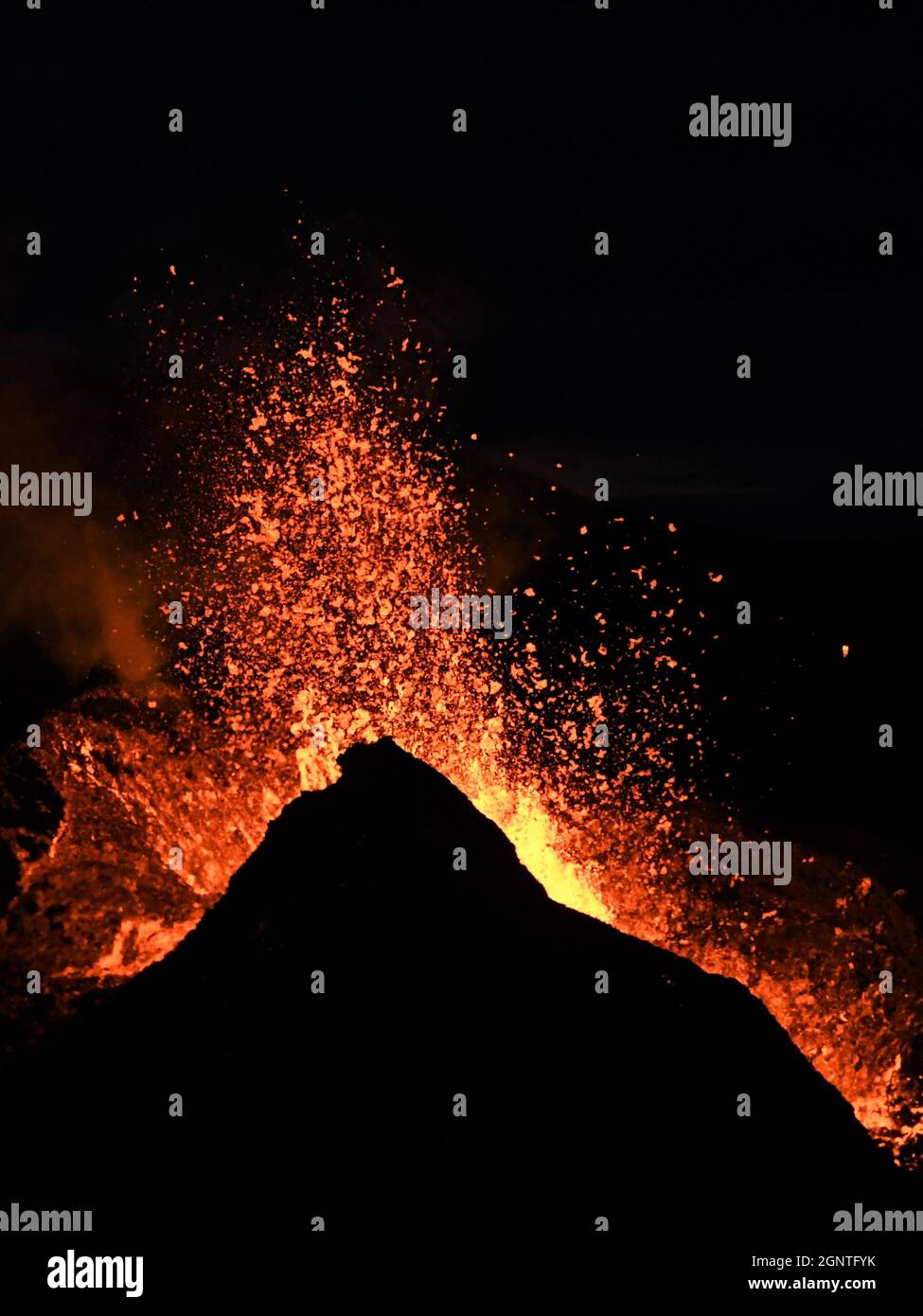 Eruption at Fagradalsfjall, Iceland. Incandescent lava is erupted from ...