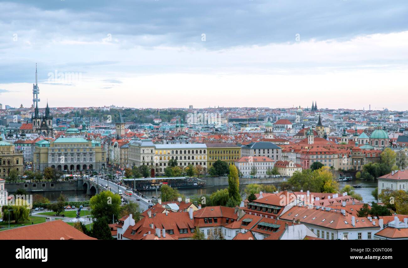Prague, Czech Republic - October 25, 2019: Panorama of the red roofs in ...