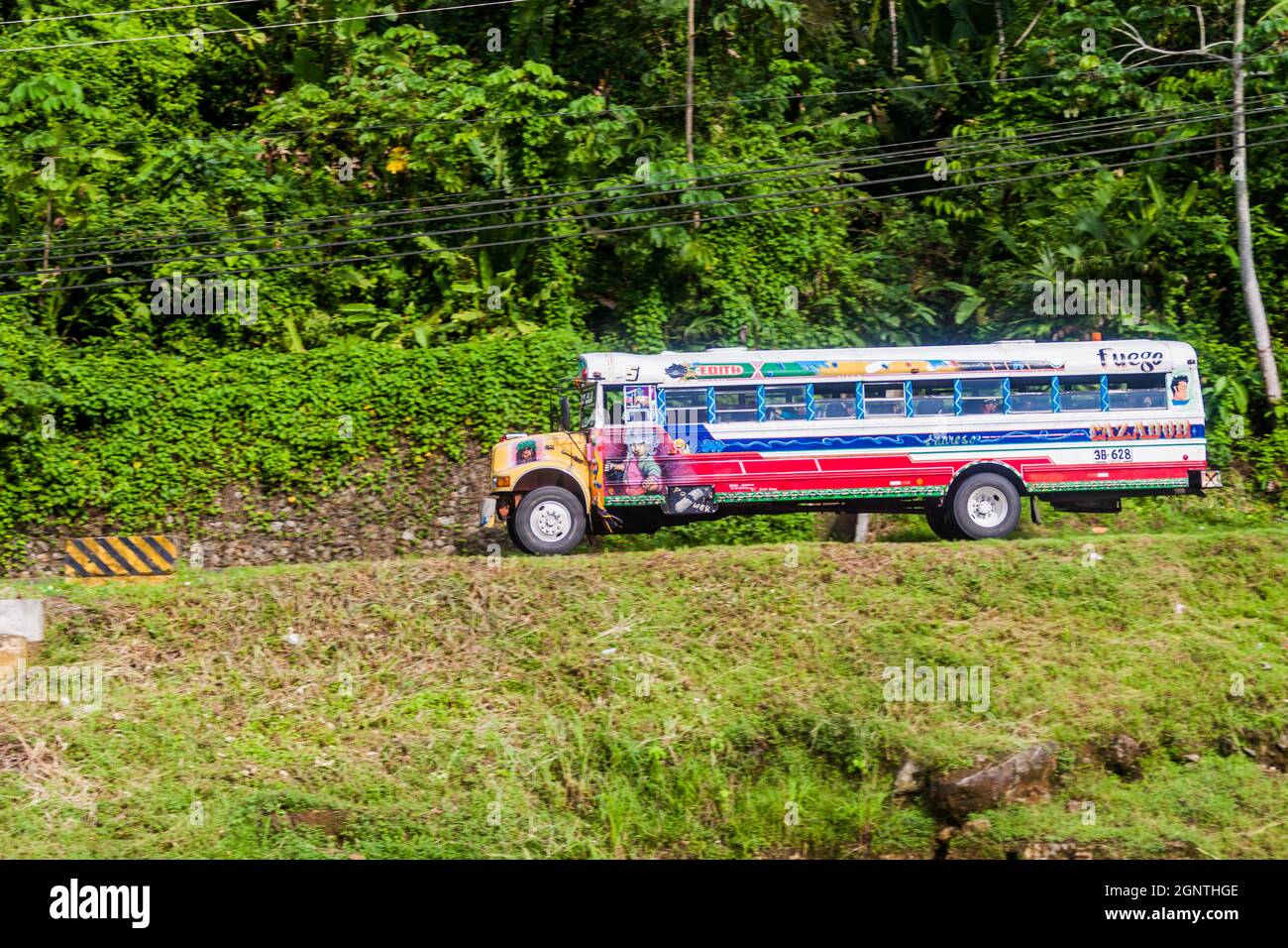 PORTOBELO, PANAMA - MAY 28, 2016: Colorful chicken bus, former US ...