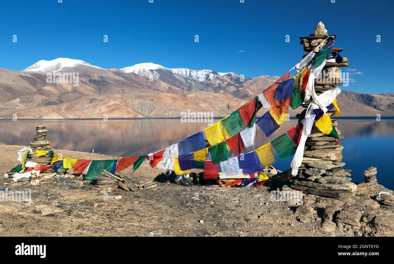Tso Moriri Lake with prayer flags - Ladakh - Jammu and Kashmir - India ...
