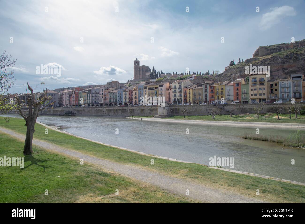 Segre river and some houses in a town called Balaguer in Catalonia ...