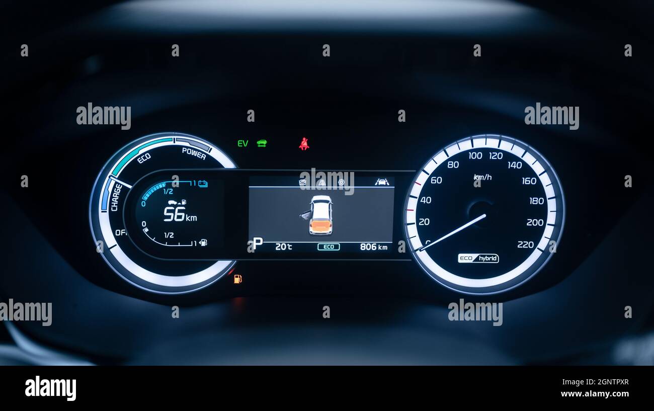 Closeup of a modern car dashboard under the sunlight through the front ...