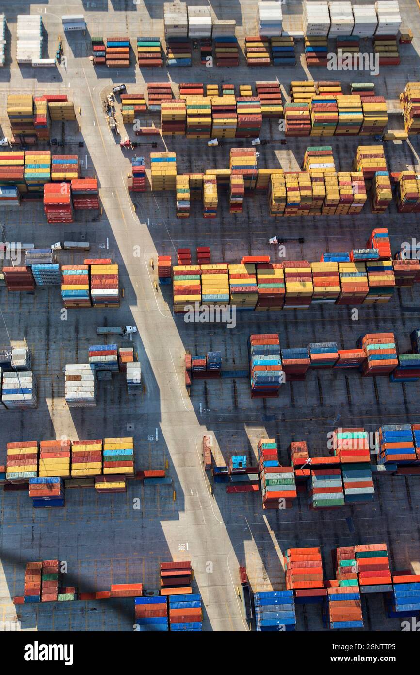 Aerial view of intermodal freight container and cargo operations at ...