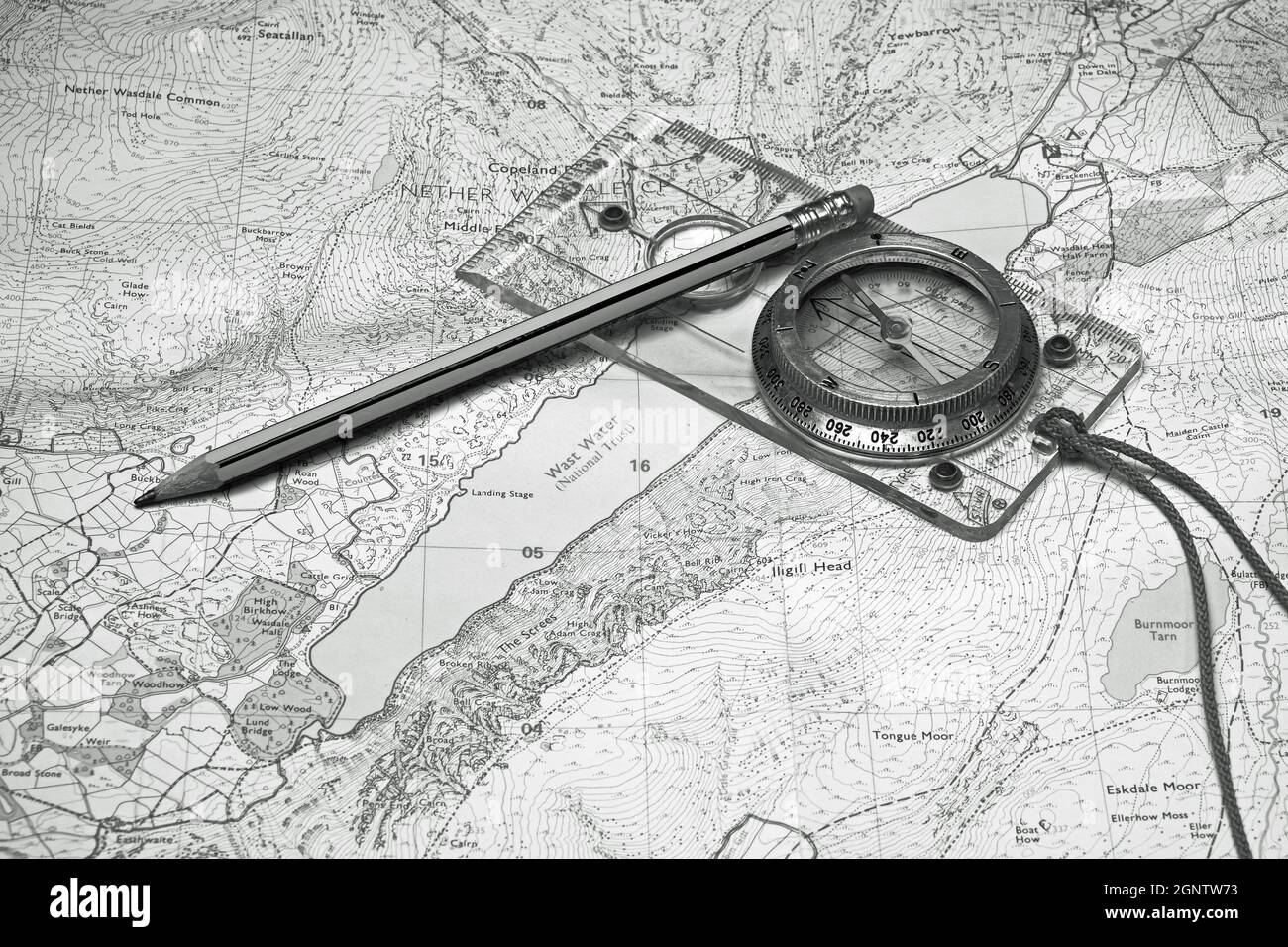Old School Navigation - Map and Compass (monochrome Stock Photo - Alamy