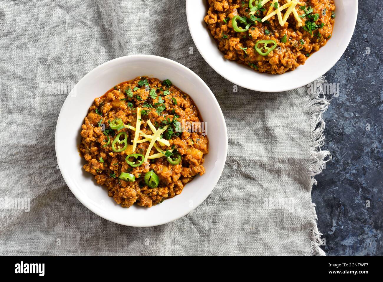 Keema curry in bowls. Indian and pakistani style dish. Top view, flat ...