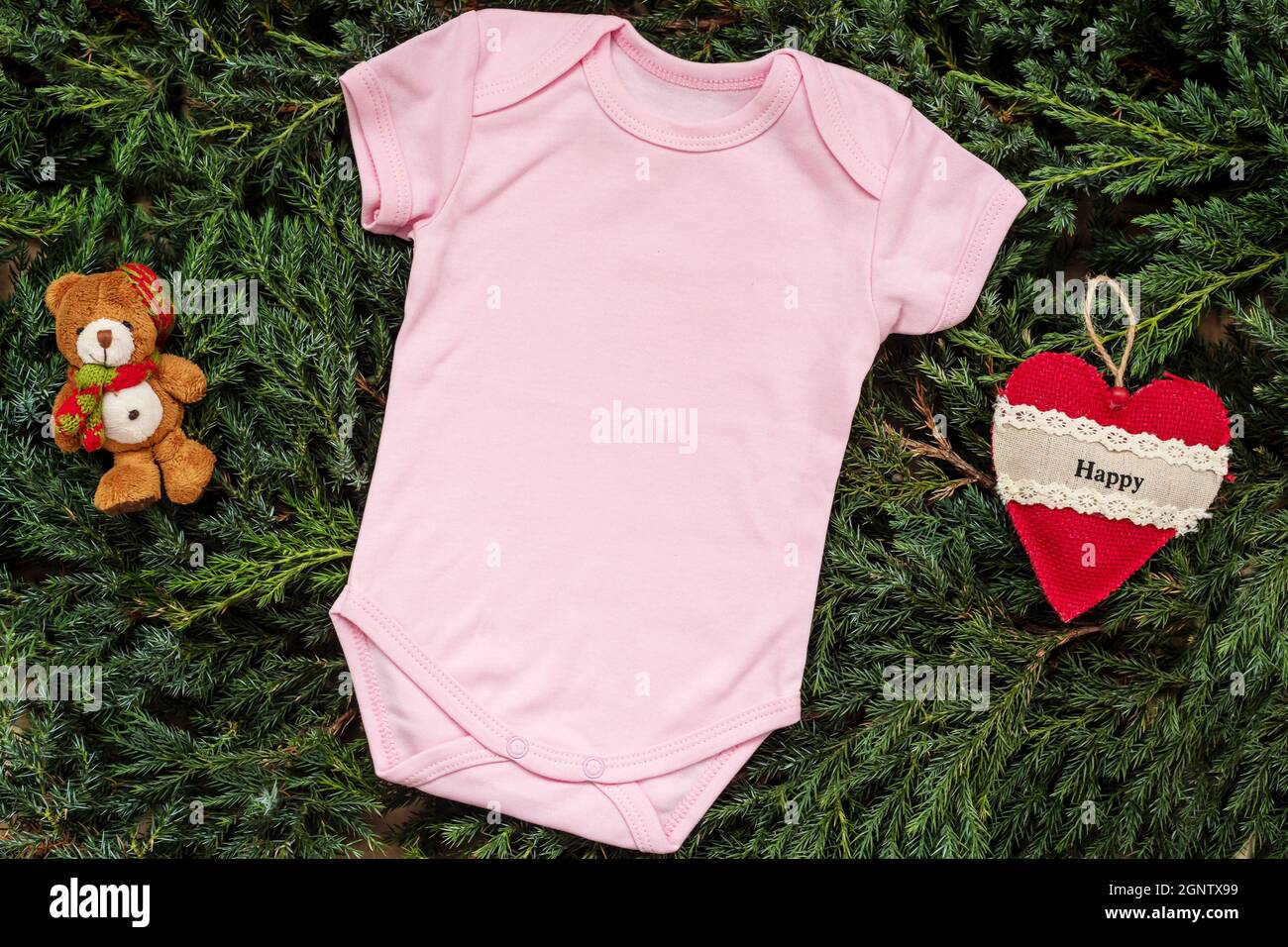 Close up pink blank template bodysuit with copyspace and Christmas ...