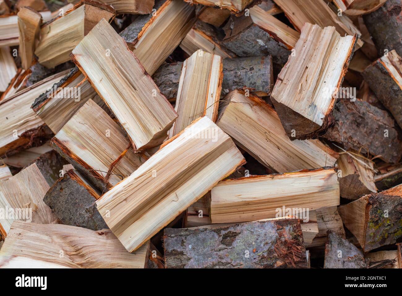 Chopped pine firewood. Fuel preparation for boilers and furnaces Stock ...