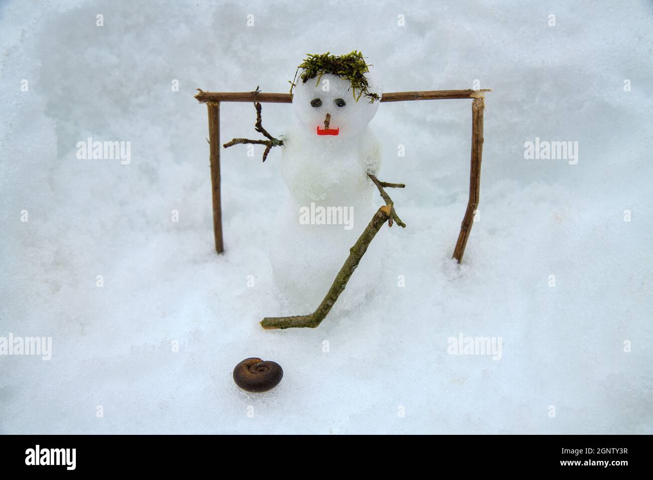 Little snowman as the goalie of the hockey team. Winter sports and ...