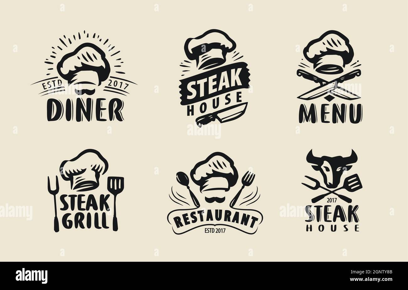 Restaurant label set. Gourmet chef food emblems, kitchen workshop or ...