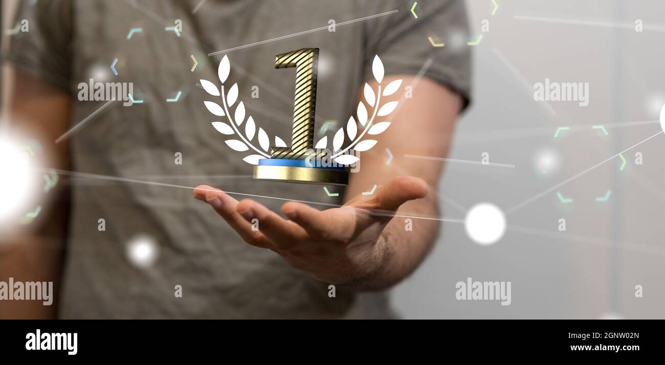 3d rendering of success gold winner first place in hand with a blurred ...
