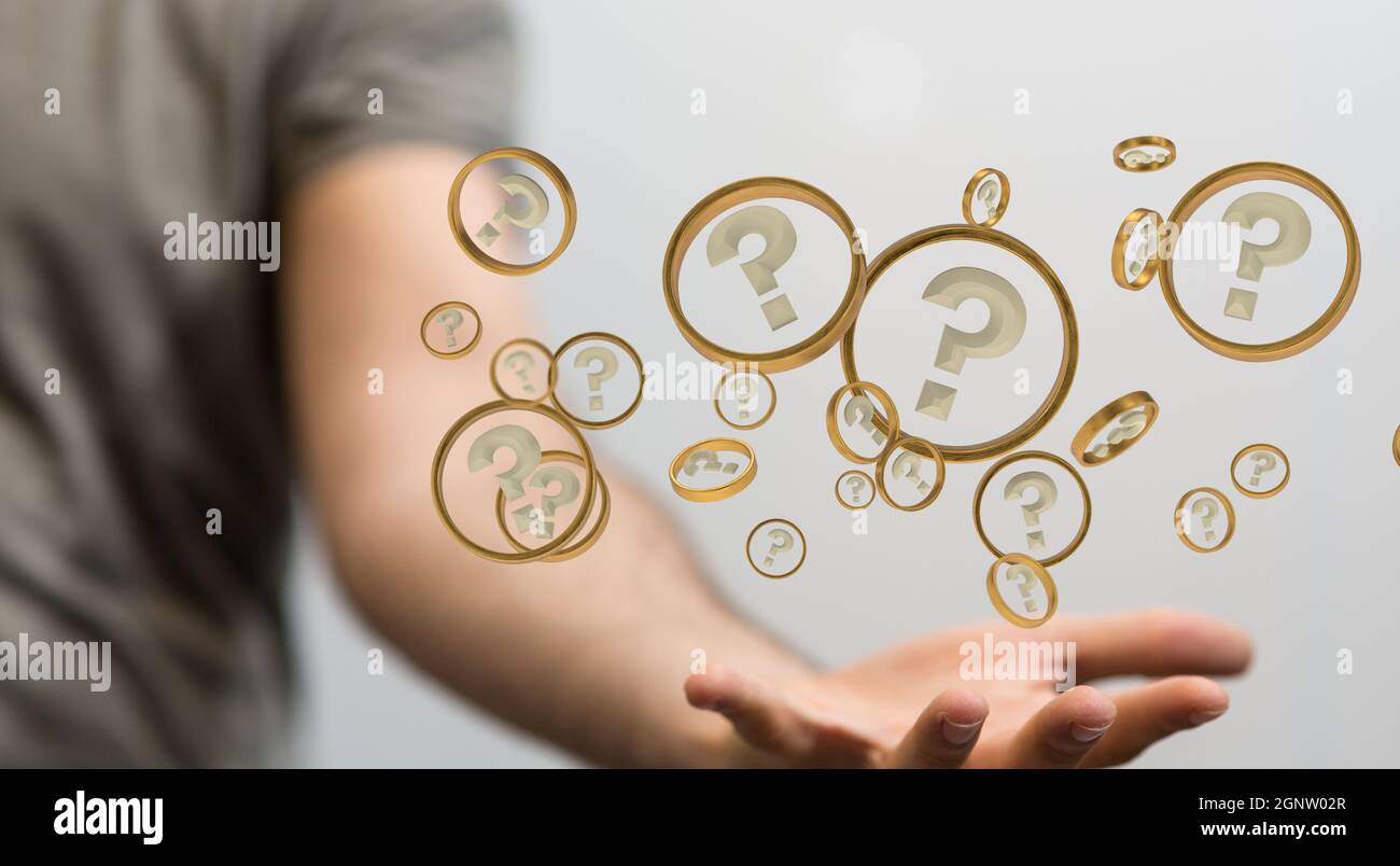 3d rendering of solving problems with digital question marks in a male hand with a white ...